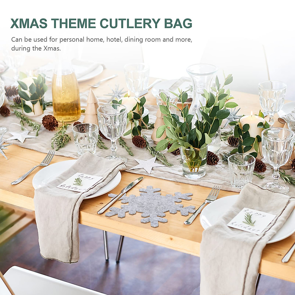 Zerodeko 8pcs Christmas Snowflake Cutlery Holder Christmas Tableware Holders Silverware Pocket Cutlery Organizers Felt Xmas Knife Fork Flatware Bags Christmas Party Dinner Table Supplies Gray