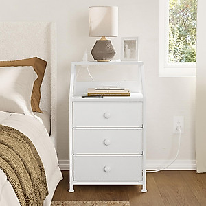 REAHOME Nightstand Set of 2, White Night Stands with Charging Station, Bedside Tables with 3 Fabric Drawers and 2-Tie Storage Shelves, Modern Side Table for Bedroom Living Room - White