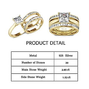 Jeulia 4.37 Carat Engraved Pricess Cut Cubic Zirconia Engagement Ring Diamond Wedding Bands for Women CZ Solitaire Sterling Silver Anniversary Bridal Promise Rings Set (Yellow Gold, 12)