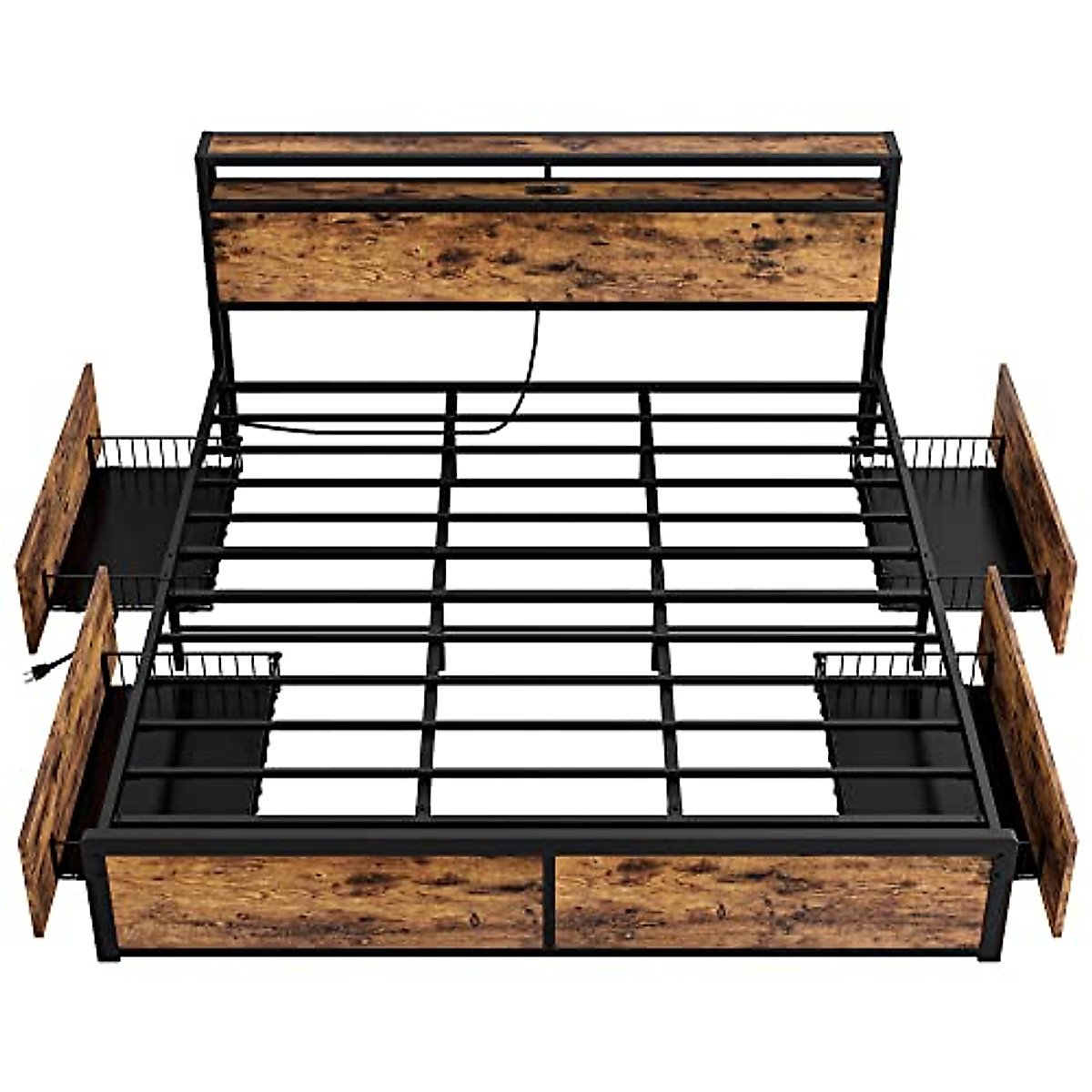 LIKIMIO King Bed Frame with Storage Drawer, 2-Tier Storage Headboard with Charging Station, No Box Spring Needed, Easy Assembly, Vintage Brown