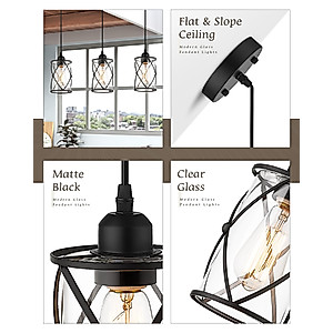 Osimir Industrial Pendant Light, 2 Pack Mini Glass Pendant Light for Kitchen, Cage Pendant Lighting in Black Finish with Clear Glass, Adjustable Length, CH9176-1-2PK