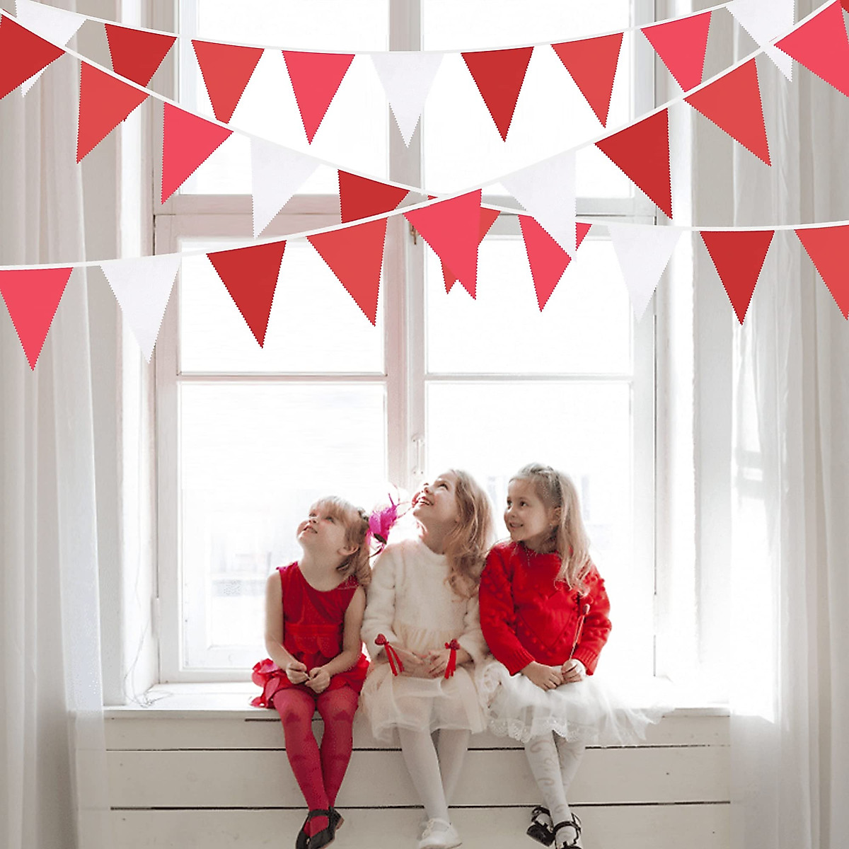 32Ft Red Pennant Banner Fabric Triangle Flag Bunting Garland Streamers for Wedding Engagement Bridal Shower Anniversary Bachelorette Birthday Party Home Outdoor Garden Hanging Festivals Decoration