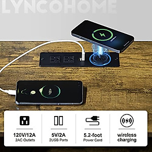 LYNCOHOME Nightstand with Wireless Charging Station and LED Lights, Modern End Table with 2 Drawers and Open Storage for Bedroom, Brown