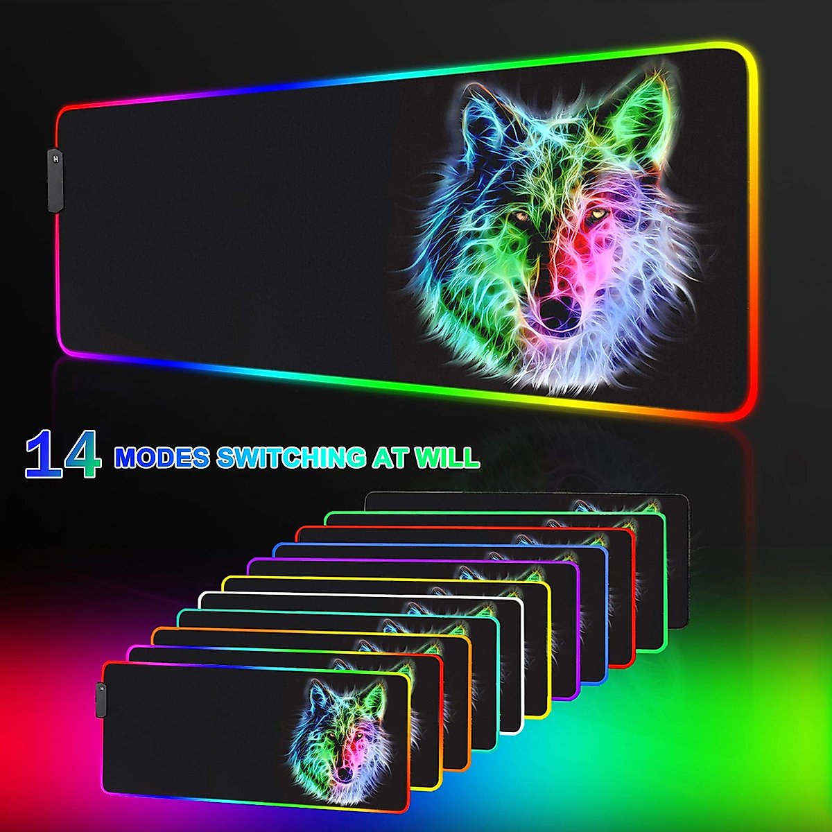 RGB Gaming Mouse Pad - 14 Light Modes Extended Computer Keyboard Mat, Anime LED Mouse Pad Large，High-Performance Mouse Pad Optimized for Gamer 31.5 X 12in (Wolf Mouse pad)