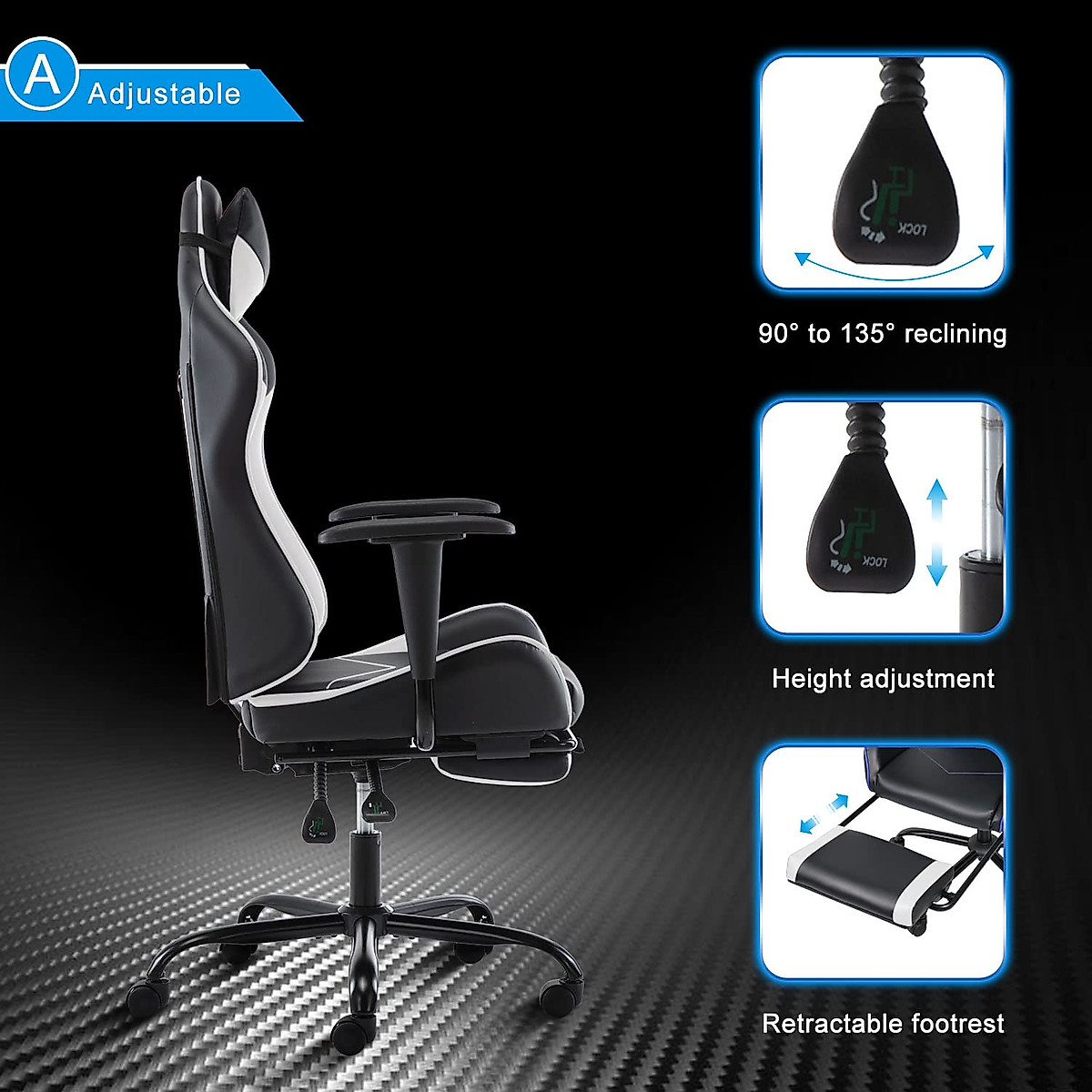 Gaming Chair PU Leather Racing Chair with Footrest, High Back Recliner Swivel Office Chair Headrest Ergonomic Lumbar Support Desk Chair, Executive Task Computer Chairs, White