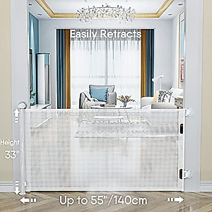 Punch-Free Retractable Baby Gates, BabyBond 33 * 55 inches Extra Wide Baby Gate for Stairs Suitable for Kids or Pets Indoor and Outdoor Dog Gates for Doorways, Stairs, Hallways, White