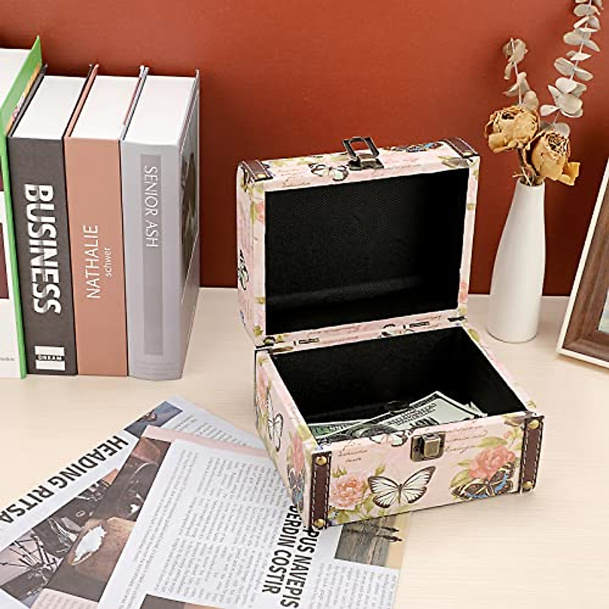 ELLDOO Butterfly Treasure Chest Box, Wooden + PU Leather Storage Decorative Box for Jewelry Trinkets, Keepsakes box for Girls Women Gifts