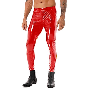 TSSOE Men Shiny Wetlook Patent Leather Skinny Pants Tight Zipper Crotch Clubwear Motor Biker Leggings Red Large