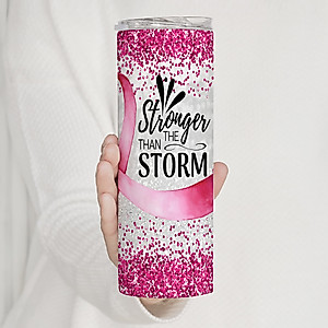 YouNique Designs Breast Cancer Awareness Coffee Tumbler with Straw and Lid, 20 Oz, Insulated Stainless Steel Skinny Tumbler for Women, Breast Cancer Survivor Tea Tumbler, Water Tumbler Cup
