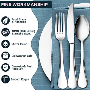 40-Piece Silverware Set for 8, E-far 18/10 Stainless Steel Flatware Cutlery Metal Eating Utensil Tableware Forks and Spoon Sets for Restaurant Wedding - Simple Fancy Style & Dishwasher Safe