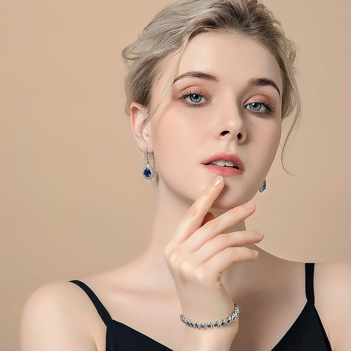 Sapphire Earrings for Women - Silver Bridal Teardrop Blue Crystal Cubic Zirconia Drop Earring for Wedding Party Prom Fashion Jewelry for Bride Bridesmaids September Birthstone Birthday Jewelry