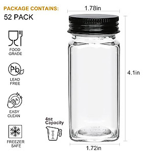 Datttcc 52 Pack Glass Spice Jars,Reusable 4 OZ Seasoning Containers with Sealed Black Aluminum Caps and Pour/Sift Shakers,Clear Spice Jars with Labels and Funnel for Cabinet, Drawer,Kitchen Pantry