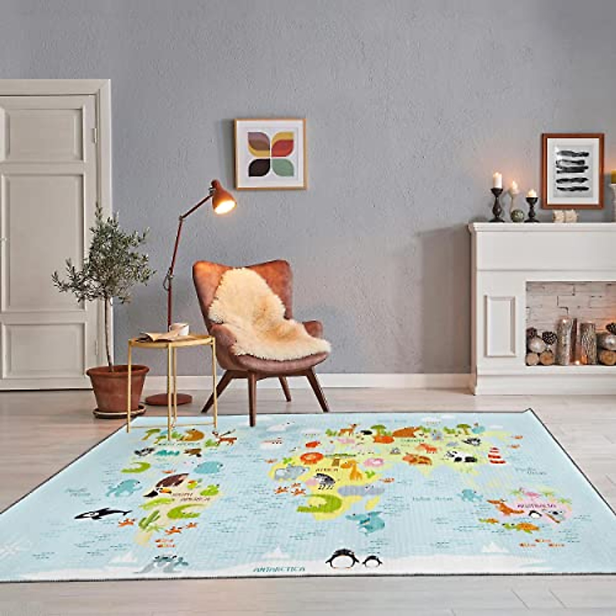 Kids Area Rug World Map Cute Animal Rugs Educational Floor Carpet for Boy Girl Machine Washable Area Rugs for Living Room, Bedroom, Playroom,8' x 10', Blue