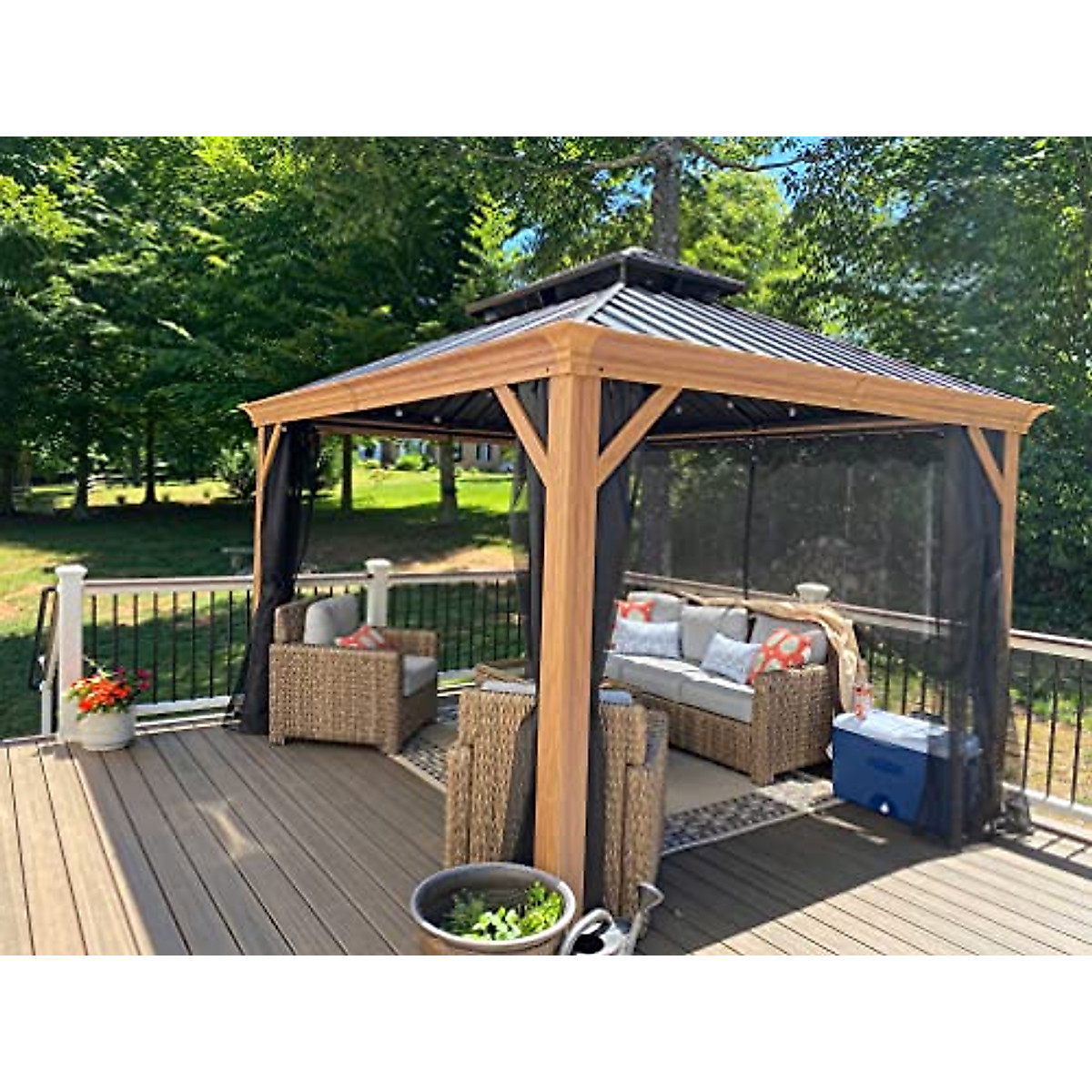 PURPLE LEAF 10' X 12' Outdoor Hardtop Gazebo for Patio Galvanized Steel Double Roof Permanent Canopy Teak Finish Coated Aluminum Frame Pavilion Gazebo with Netting