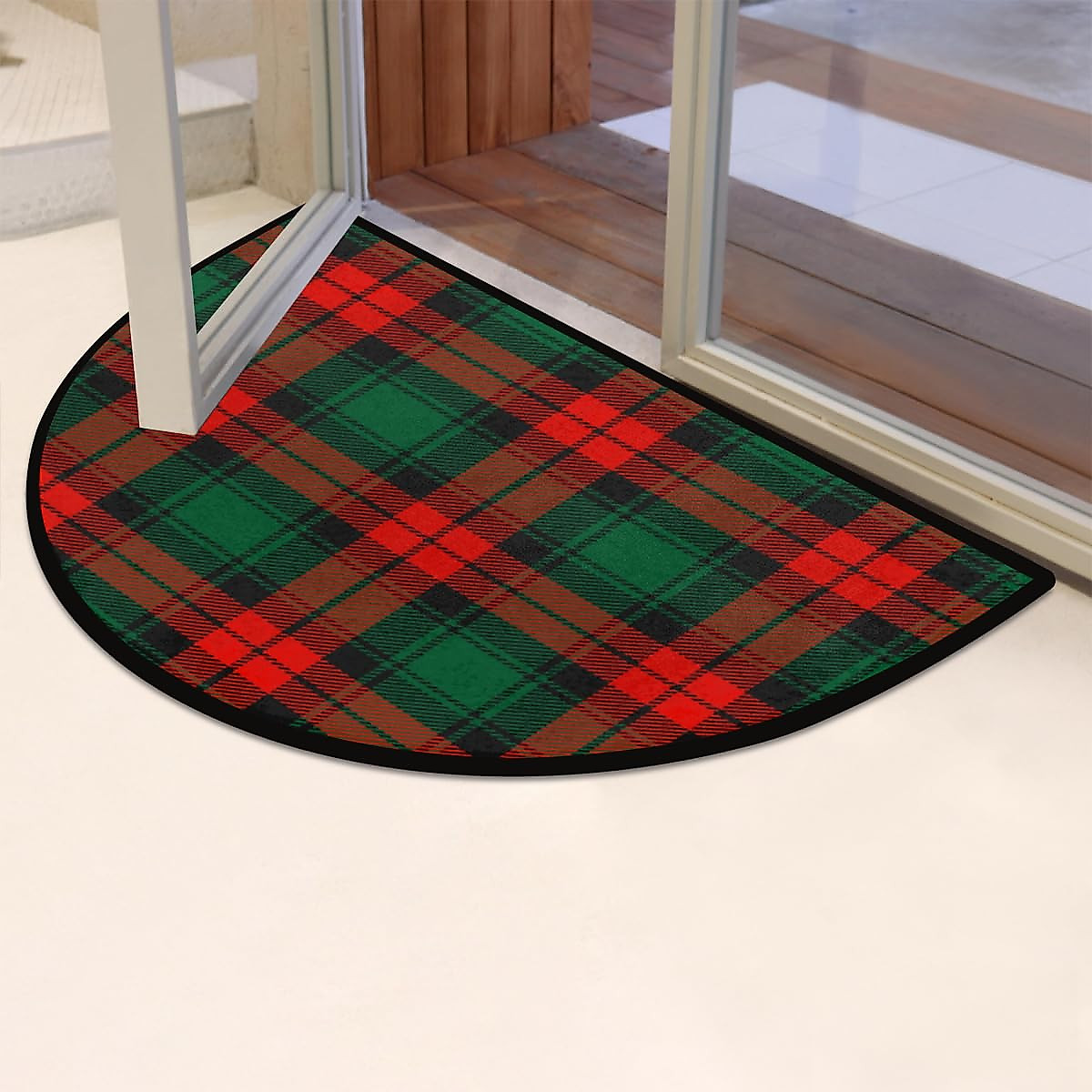FengQuGou Christmas Balfour Plaid Half Round Doormat Red Green Washable Semi Circle Area Rug Non Slip Absorbent Half Moon Rug for Indoor Outdoor Bathroom Kitchen Living Room Fireplace Floor Mat