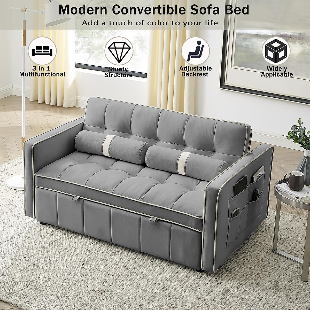 SPOWAY 3 in 1 Sleeper Sofa Couch Bed, 55'' Velvet Pull Out Bed Couch, Loveseats Sleeper with Storage Side Pocket, Adjustable Backrest and Lumbar Pillows for Living Room, Grey