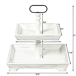 Dugunusu Farmhouse Two Tiered Tray Stand, Rectangle Rustic Wood Two Tiered Tray, Wooden Cake Stand Kitchen Tiered Tray, Decor Serving Tray for Home Farmhouse Décor (White)