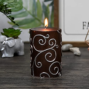Zest Candle Pillar Candles, 3 by 4-Inch, Brown Scroll