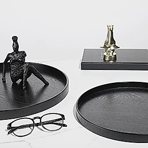 Round Solid Wood Serving Tray Large Tea Coffee Table Tray Snack Food Serving Platter Non-Slip Plate Kitchen Party Bar Server Breakfast Tray Ottoman Tray with Raised Edges (14.8inch/37.5cm) Black