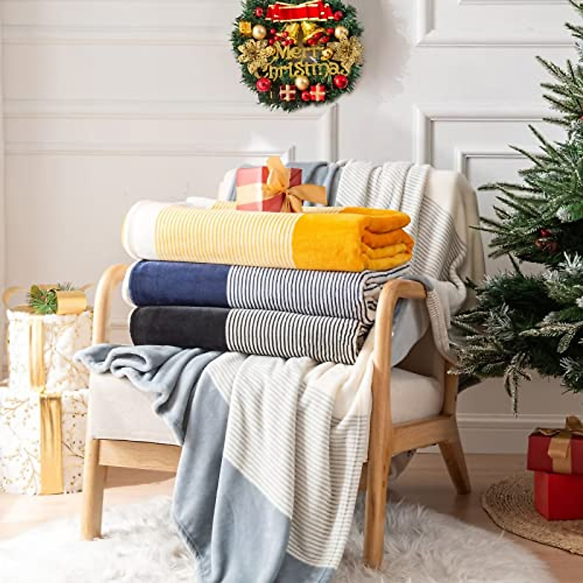 Homelike Moment Fleece Throw Blanket for Couch Navy Blue 50x60, Soft Cozy Blue White Striped Flannel Blankets for Sofa Bed Warm Lightweight (Navy Blue, 50x60 Inches)