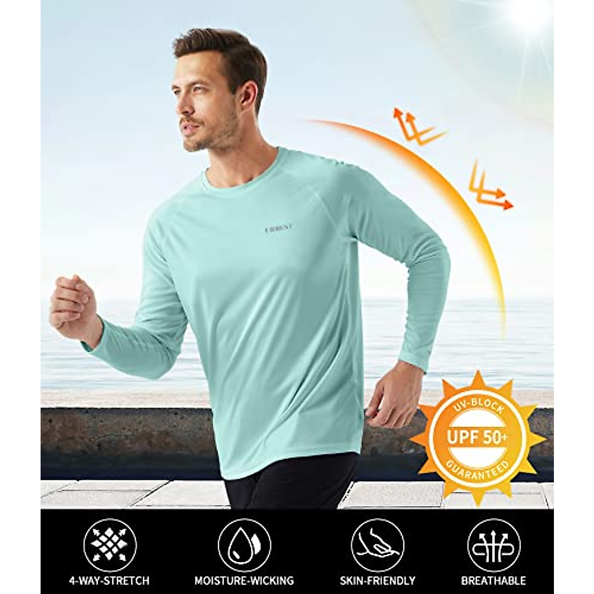 Men's Long Sleeve Shirts UPF 50+ SPF Sun Protection Shirts for Fishing Hiking Rash Guard Swim Light Green L