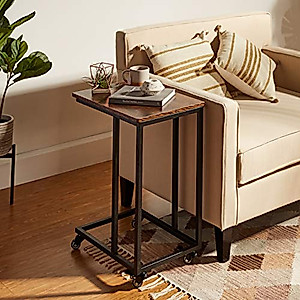 Coral Flower End Table, Side Table, TV Tray, C Shaped Snack Table with Metal Frame, Rolling Casters, Industrial, for Living Room, Bedroom,Rustic Brown.