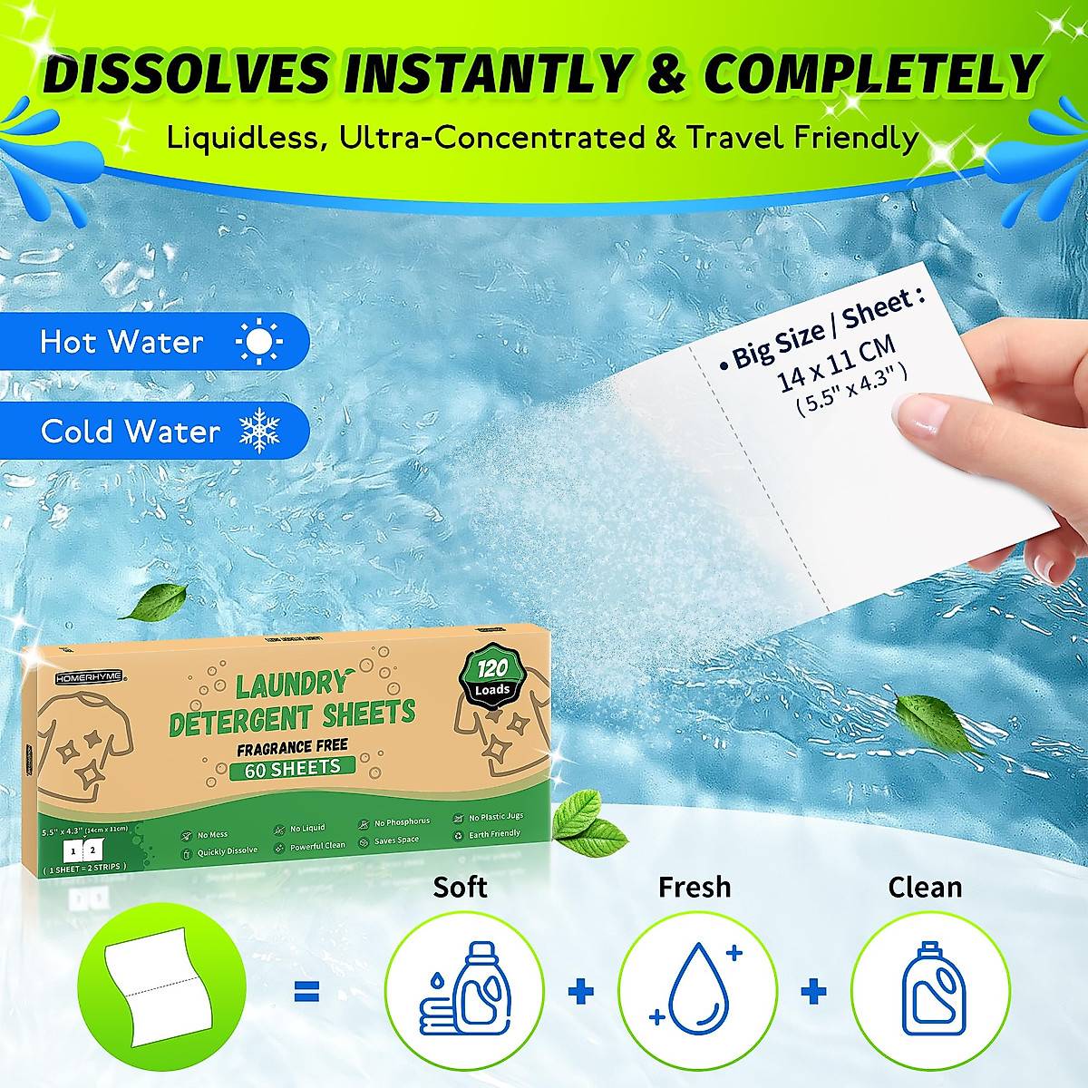 HOMERHYME Laundry Detergent Sheets - Up to 120 Loads (60 Sheets),Unscented,Plastic Free,Laundry Detergent Strips for Travel,Dorms, Home,Apartments,Liquidless Technology,Eco Friendly& Hypoallergenic