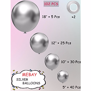 MOXMAY Metallic Sliver Balloons Different Sizes, 102 Pcs 18 12 10 5 inch Sliver Latex Chrome Balloon for Graduation Baby Shower Birthday Wedding Party Decorations