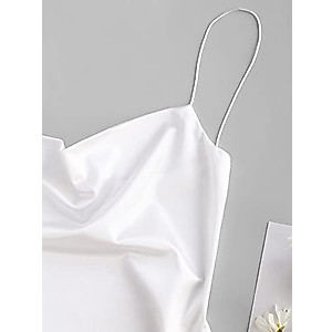 ZAFUL Women's Casual Satin Dress Spaghetti Strap Cowl Neck Slips Nightwear Side Slit Cocktail Party Silk Mini Cami Dresses (A-f White,M)