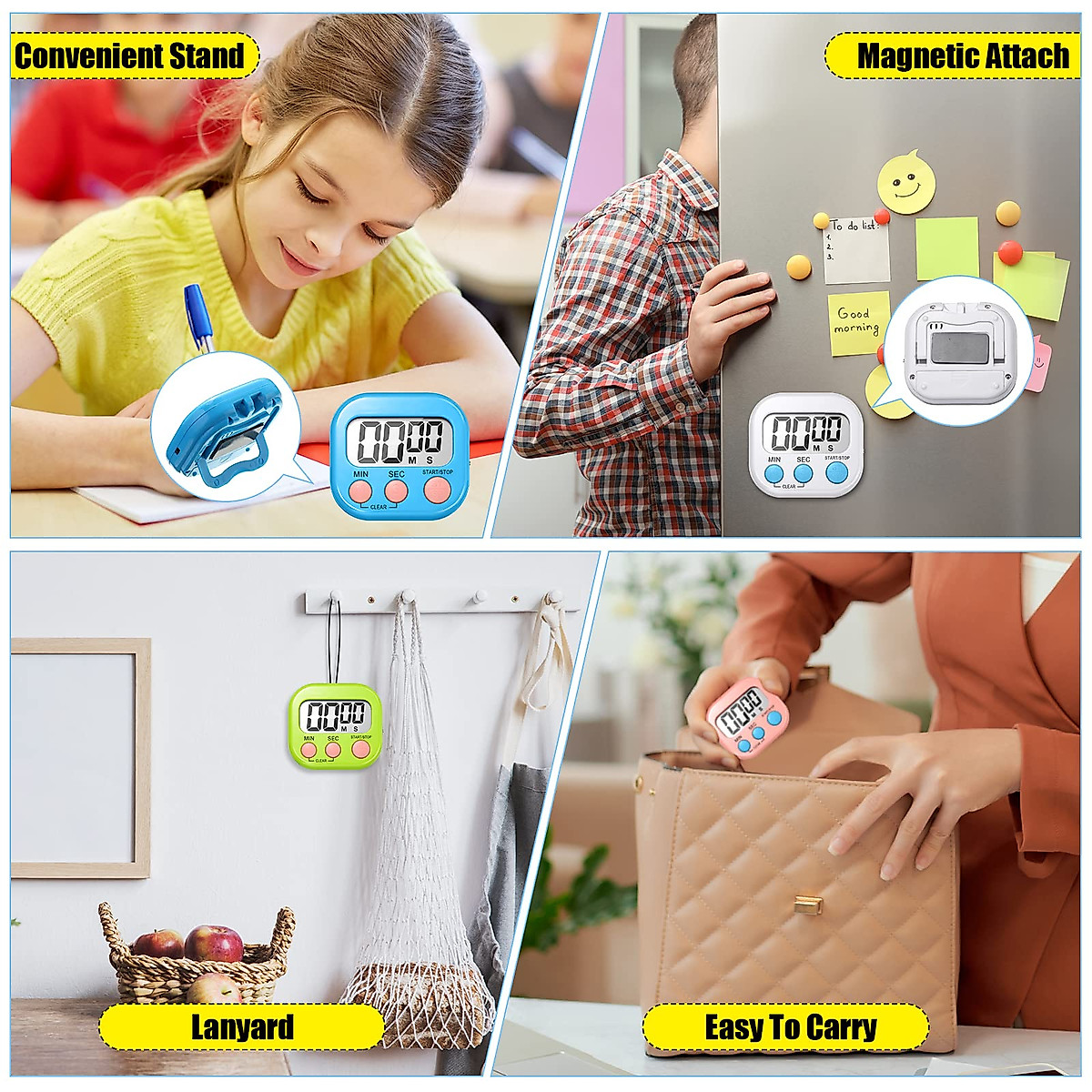 Macarrie 48 Pcs Digital Kitchen Timer Bulk Small Magnetic Backing Stand Timer Clock Loud Alarm LCD Display Electronic Minute Second Count up Countdown Timer for Teacher Classroom Cooking Baking