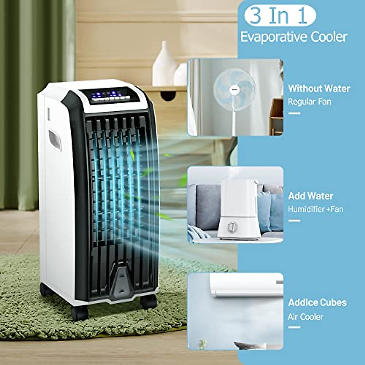PETSITE Evaporative Air Cooler, 3-IN-1 Portable Air Cooler with Remote Control, 7.5-Hour Timer, 3 Modes, 3 Speeds, 2 Ice Packs, Swamp Cooler Air Conditioner for Bedroom, Home Office Dorms