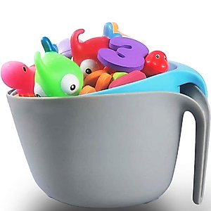 RAINBOW TOYFROG Bath Toy Storage Bin, freestanding Bath Toy Organizer Basket with Drying Scoop and Base, Great Bath Toy Holder for Toddler and Babies-Gray+Blue