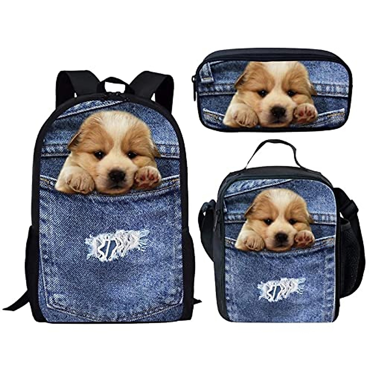 Dolyues 3pcs Set Blue Kids Boys Girls School Bookbag for Shopping, Cute Kawaii Denim Puppy Print Travel Backpack Daypack Durable Polyester Lunchbox and Pencil Case Lightweight Rucksack