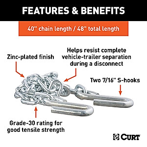 CURT 80031 48-Inch Trailer Safety Chain with 7/16-In S-Hooks, 5,000 lbs Break Strength