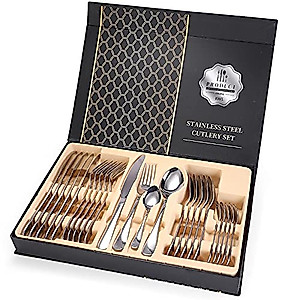 24Pcs/set Gold Cutlery Specular Light Steak Knife Fork Coffee Spoon Stainless Steel Teaspoon Upscale Home Restaurant Cutlery Set (Color : Silver)
