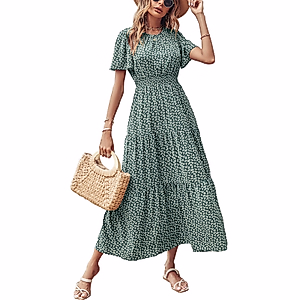 PRETTYGARDEN Women's Summer Casual Short Flutter Sleeve Round Neck Smocked Waist Tiered Boho Floral Flowy Maxi Dress(Small, Leaves Green)
