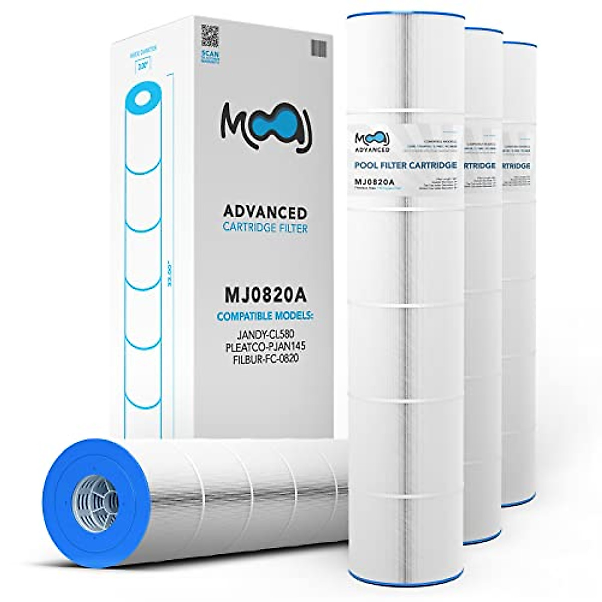 MOAJ Advanced Pool Filter 4-Pack Replaces Jandy CL580, CV580, R0357900, A0104100, PJAN145, PJAN145-PAK4, Filbur FC-0820, Unicel C-7482, 17-175-3610 | 33" x 7" | 145 SQ FT | Washable | Based in USA