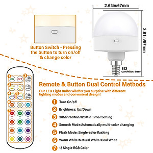 E12 Rechargeable Light Bulbs with Remote Control Timer and 15 Color Temperature,350LM,Removable Base,Magnetically,Battery Operated Light Bulbs,USB Fast Charging,Dimmer,for Non-Hardwired,2Packs