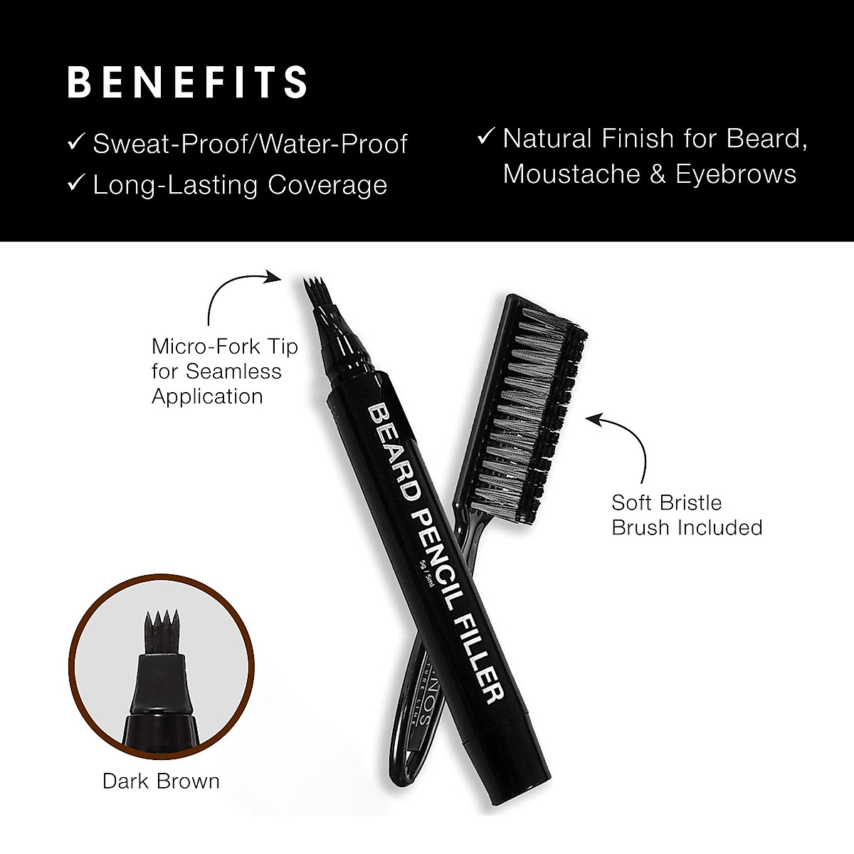 Pacinos Beard Pencil Filler - Water Proof, Long Lasting Coverage & Natural Finish - Beard, Moustache & Eyebrows - Micro-Fork Tip for Seamless Application - Bristle Brush Included (Dark Brown)