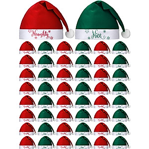 Leumoi 50 Pieces Naughty and Nice Plush Christmas Santa Hats Decorative Red and Green Christmas Hat Xmas Santa Hats for Adults Kids Women Men Funny Decoration Holiday Party Costume Supply