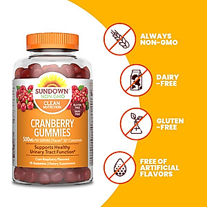 Sundown Cranberry Gummies , Dietary Supplement, Supports Urinary Tract Health, 500mg, Cran-Raspberry Flavored, 75 Count