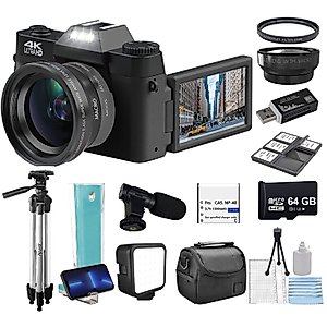 eDealz 4K 48MP Digital Camera Kit for Photography, Vlogging Camera YouTube with Flip Screen, WiFi, Wide Angle & Macro Lens, 64GB Micro SD Card, 50" Tripod, Case, Card Reader, Microphone, LED (Black)