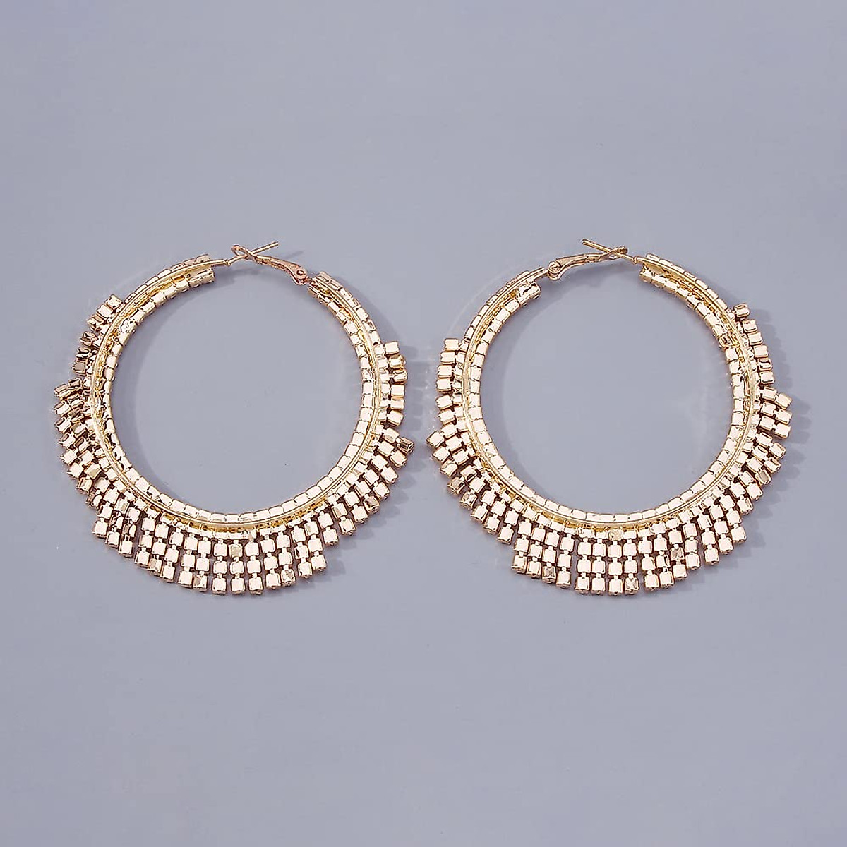 Jumwrit Large Rhinestone Hoop Earrings Big Round Circle Earrings Tassel Chain Dangle Earrings Statement Earrings for Women Girls（Gold）
