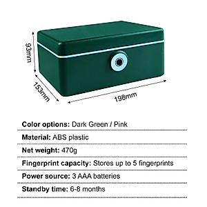 Portable fingerprint storage box for cash, jewelry, keys, and private items. Features fingerprint and password lock, perfect for homes, apartments, schools, and college dorms (green).