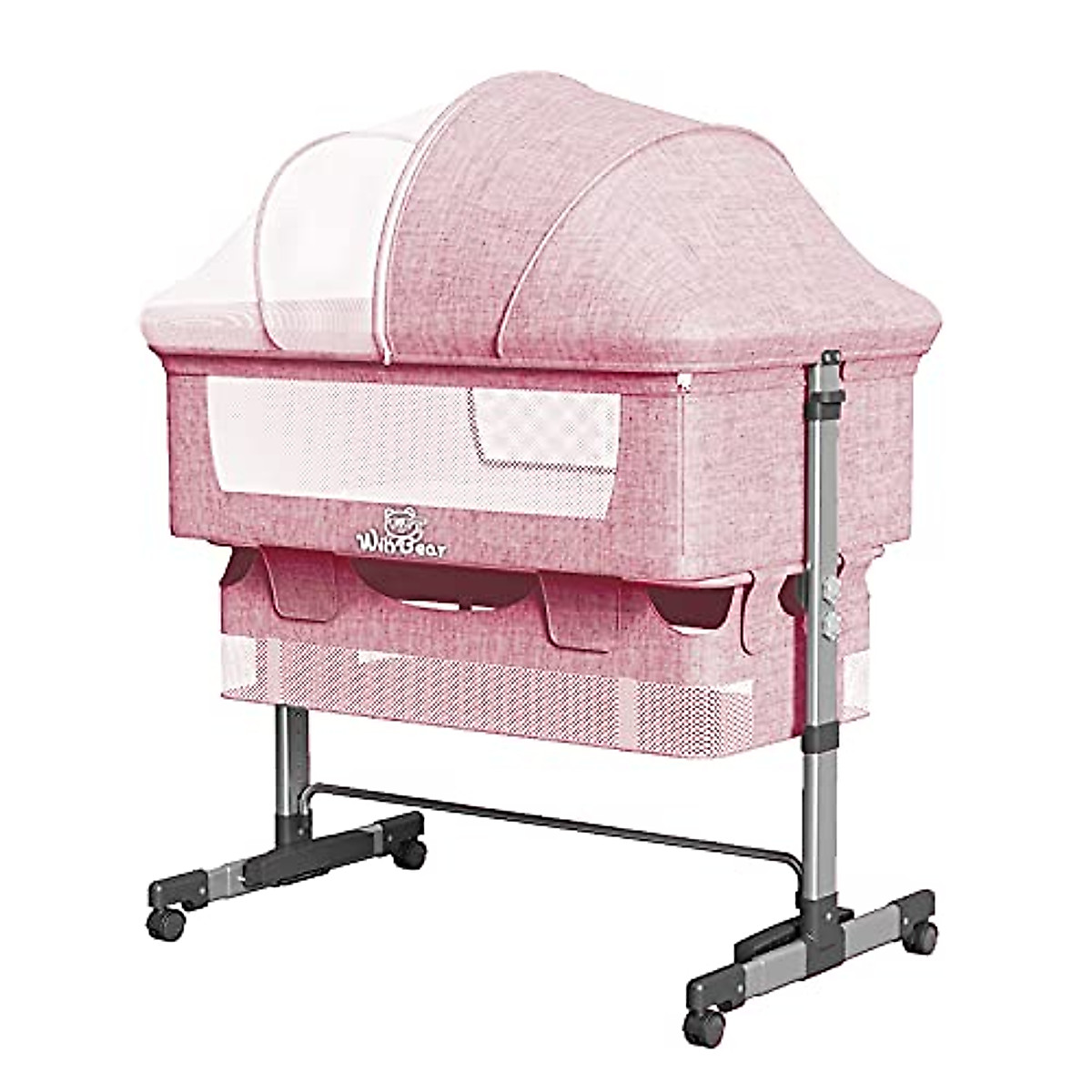Napfox Baby Bassinet, Bedside Sleeper,Foldable Baby Bed to Bed, Adjustable Portable Bed for Infant/Baby/Newborn,with Mosquito Nets, Large Storage Bag, Comfortable Mattresses, Lockable Wheels(Pink)