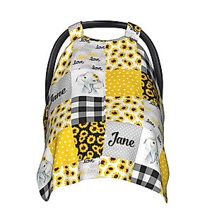 Personalized Elephant and Sunflower Plaid Baby Infant Car Seats Canopy for Babies with Name, Custom Multi-use Blankets for Baby Boys Girls, Peekaboo Minky Nursing Stroller Cover Canopies for Newborn