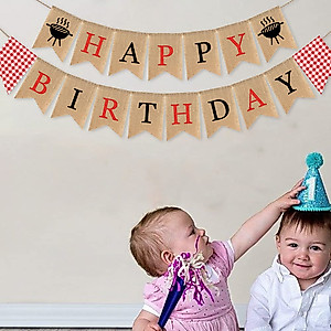 SWYOUN Burlap Happy Birthday Banner with Grill BBQ Theme Party Supplies Barbecue Party Garland Decoration