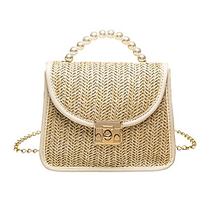 Straw Purses for Women, Summer Beach Straw Bag Hand-woven Crossbody Bag Small Pearl Top Handle Satchel Handbag for Travel Vacation (White)