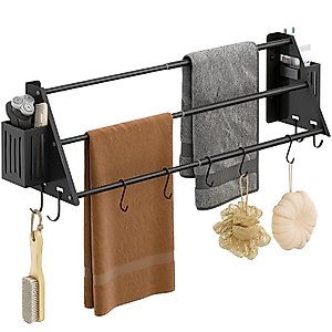 Towel Bar for Bathroom Wall,Stretchable 16.1-29.5 inchs Towel Rack,Metal Towel Holder with 2 Storage Basket and 9 Hooks, Black Towel Hanger for Bathroom Kitchen Camper