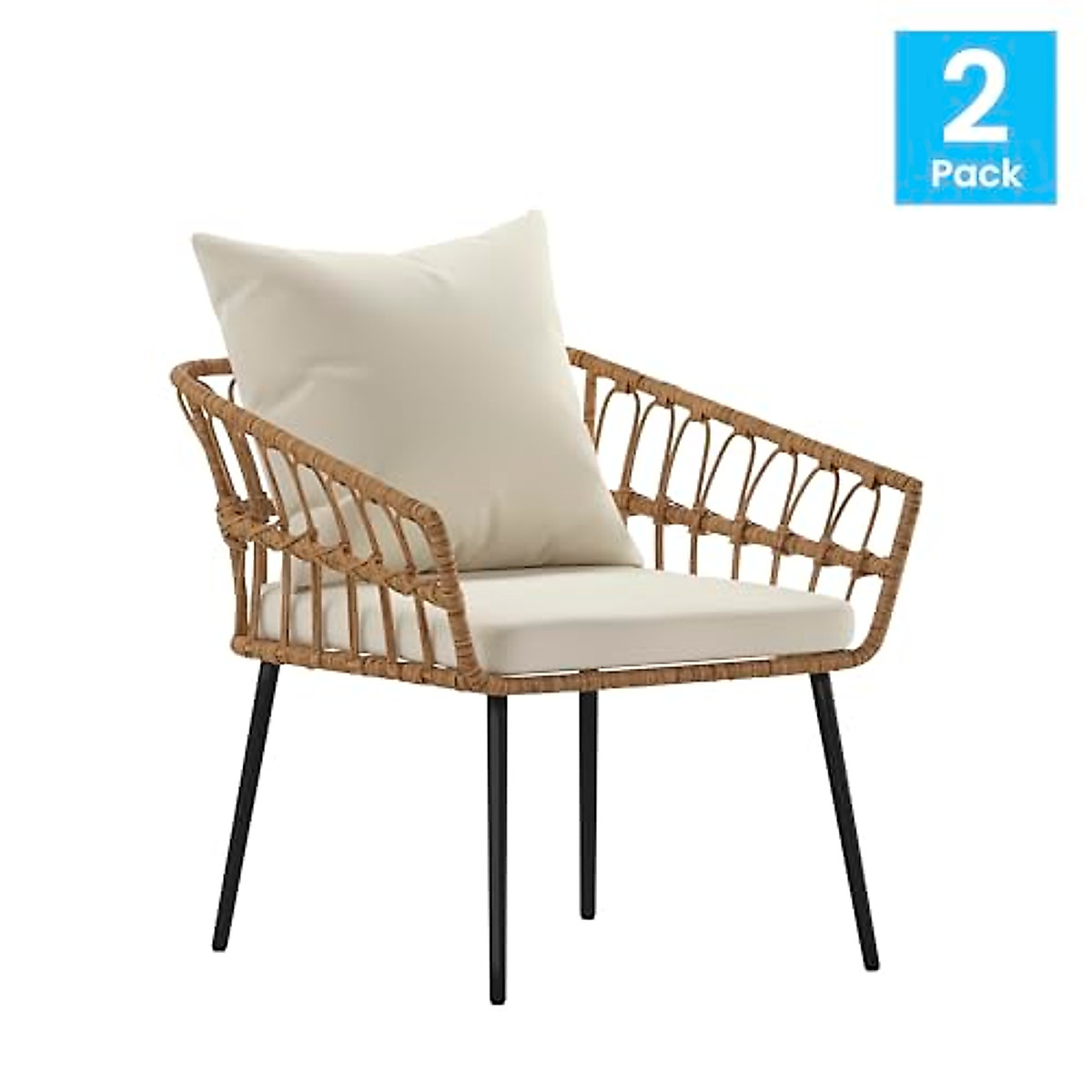 Flash Furniture Evin Set of 2 Boho Indoor/Outdoor Patio Chairs - Natural Finish Faux Rattan Wicker - Cream All-Weather Cushions - Integrated Armrests